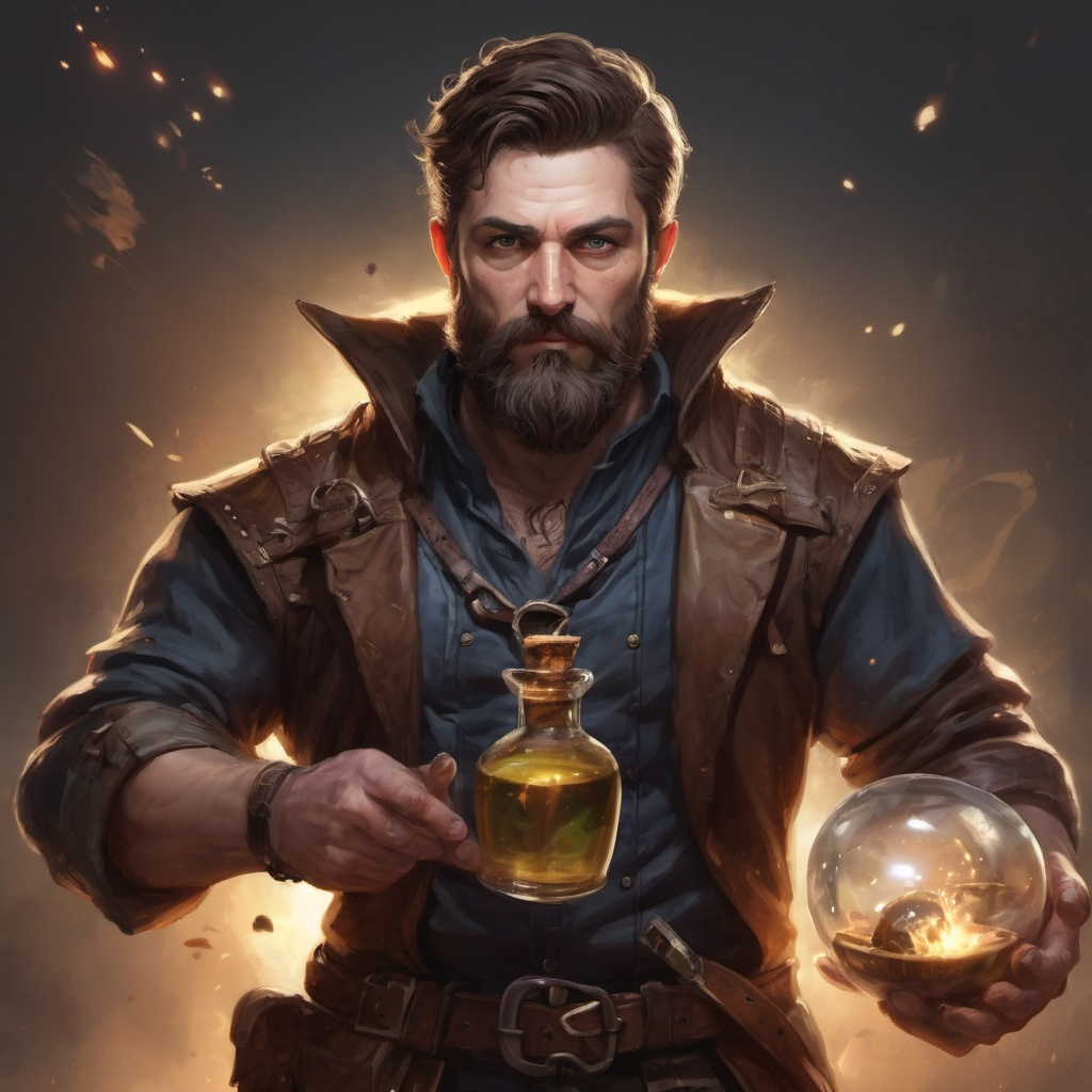 Male stocky burly mature arcane-alchemist with short...