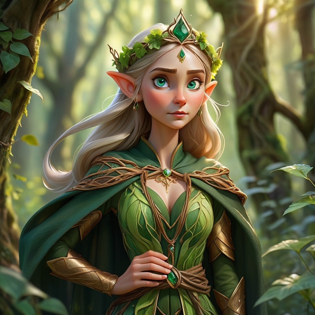 Elf ranger in a mystical forest around sunlight