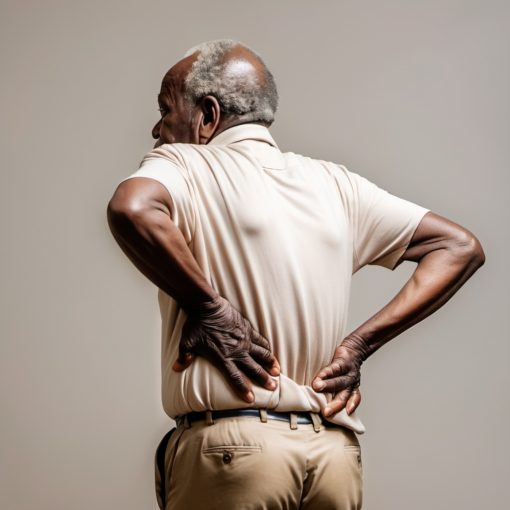 An elderly african man with back pain lurching forwa...