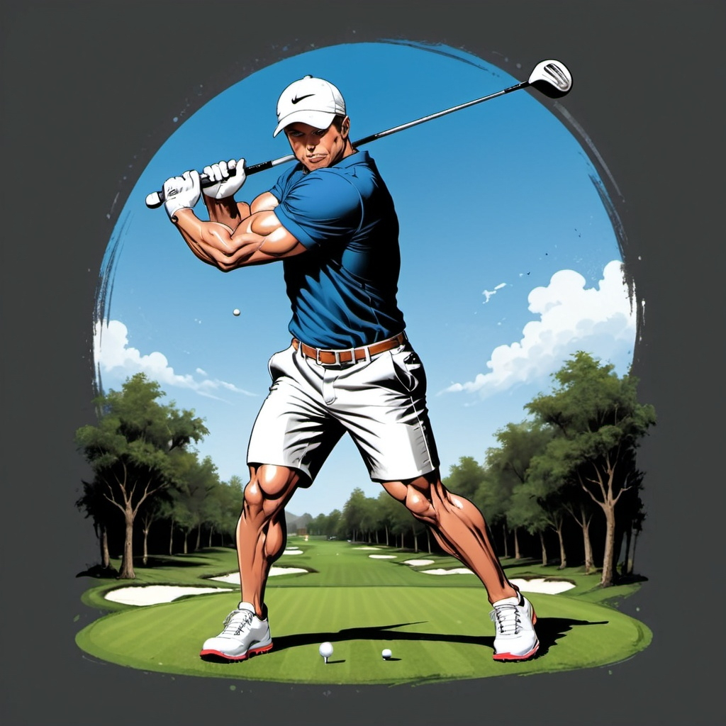 Muscle guy hitting long golf drive on a tee box
