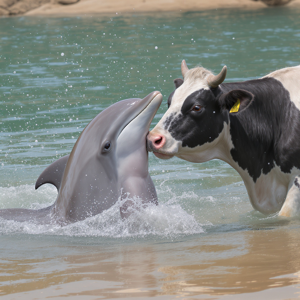 a dolphin is playing with a cow