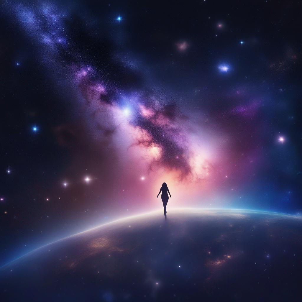 A beautiful, buxom woman falling through space, star...