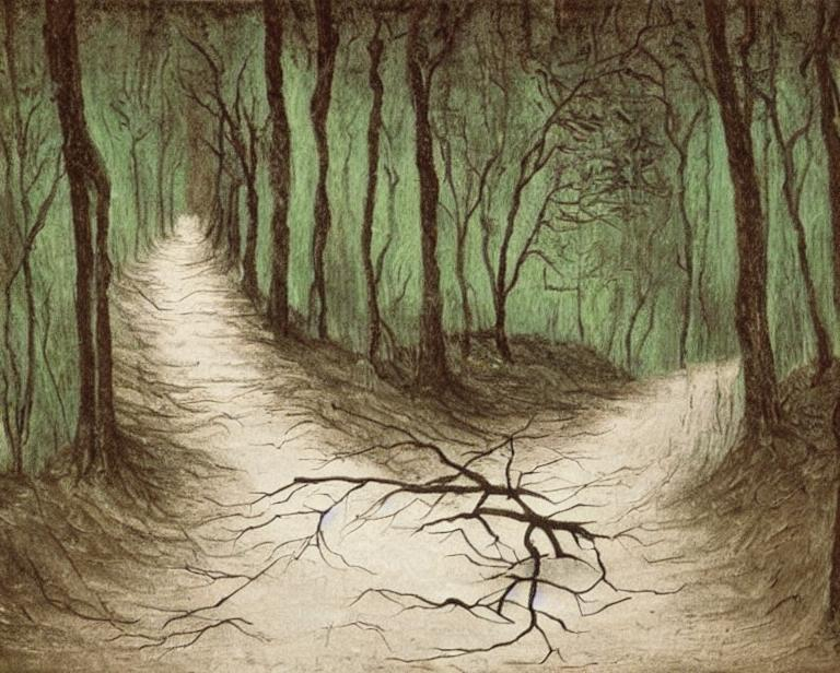 A surrealistic painting. A path in a looming dark fo... | OpenArt