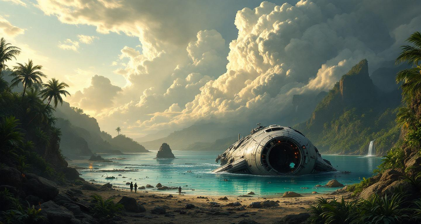 A large, crashed spaceship in the turquoise shallow...