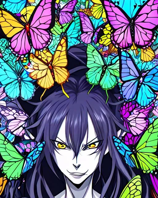 Anime villain is being attacked by butterflies, colo...