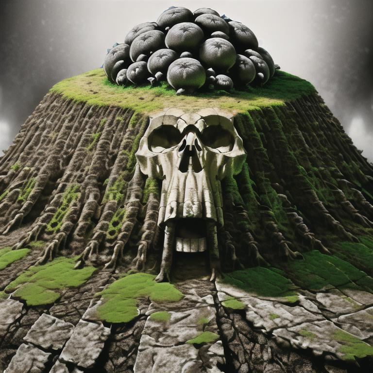 fungus growing on an ancient skull in a trash heap