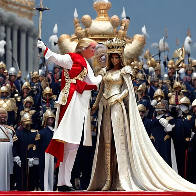 A smiling Donald Trump dressed as an Emperor, as he...