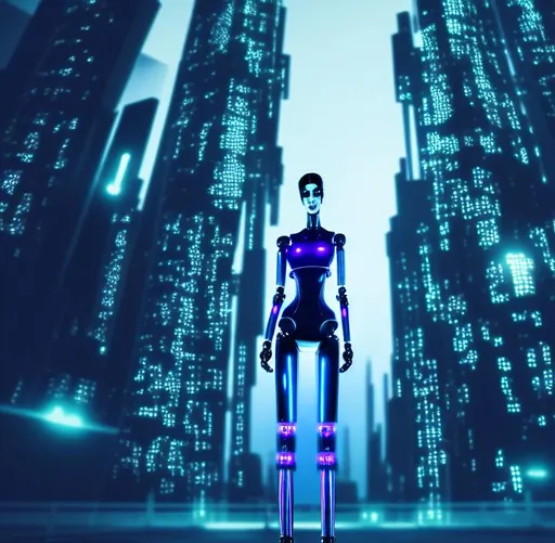 Full portait of a tall cyber female robot standing i...