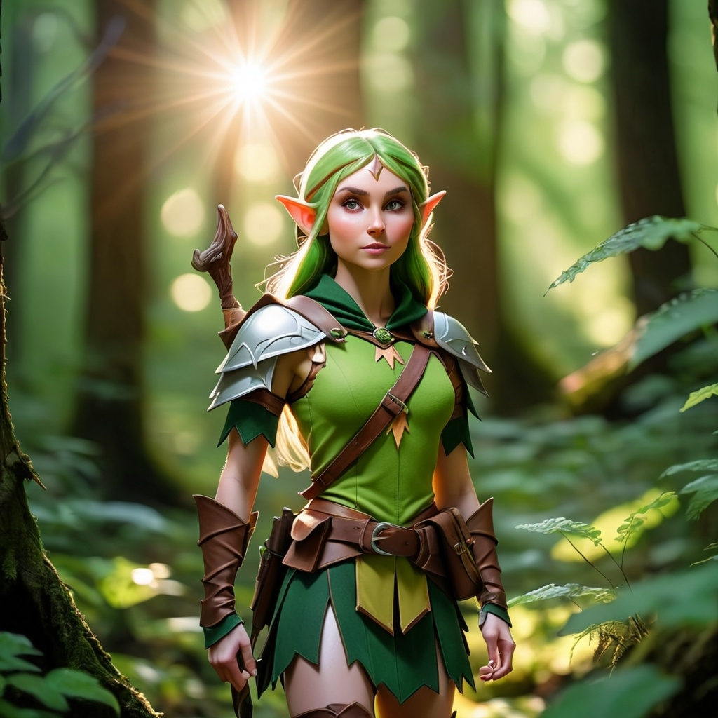 Elf ranger in a mystical forest around sunlight