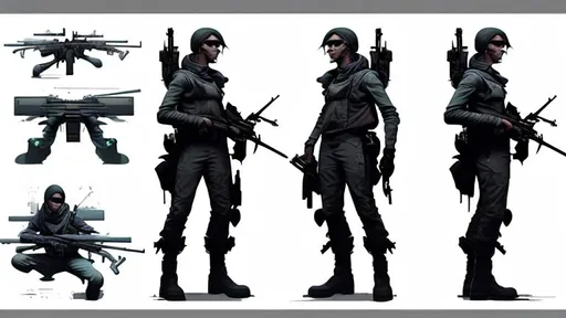 male futuristic character shooting from a rifle , co...