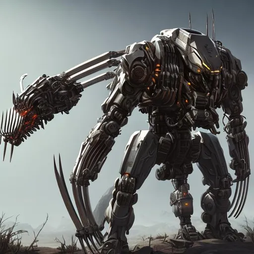 An epic 3d portrait of a robot wearing mech armour w...