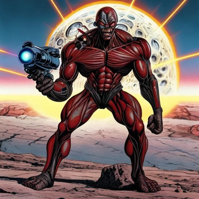 Huge alien with red eyes and muscular body holding a... | OpenArt