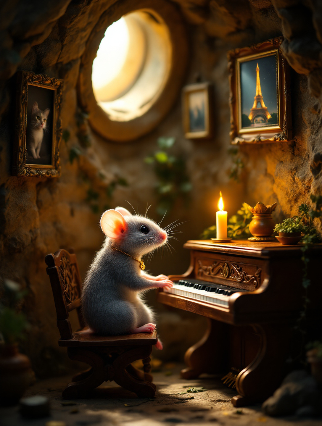 A clean and cute mouse sitting on a small wooden cha...