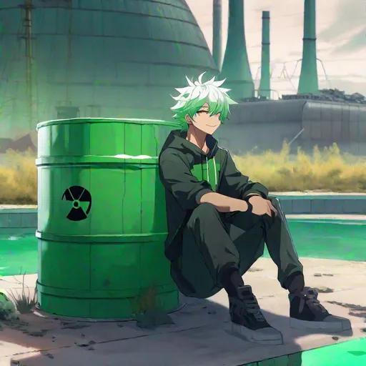 insane, anime character with green & white, wavy hai...