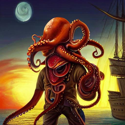 A painting of a humanoid octopus pirate on a ship, d... | OpenArt