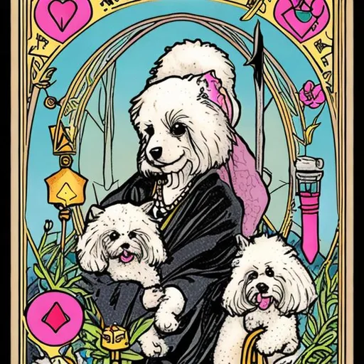 cute happy mother of dogs, in the style of a tarot card