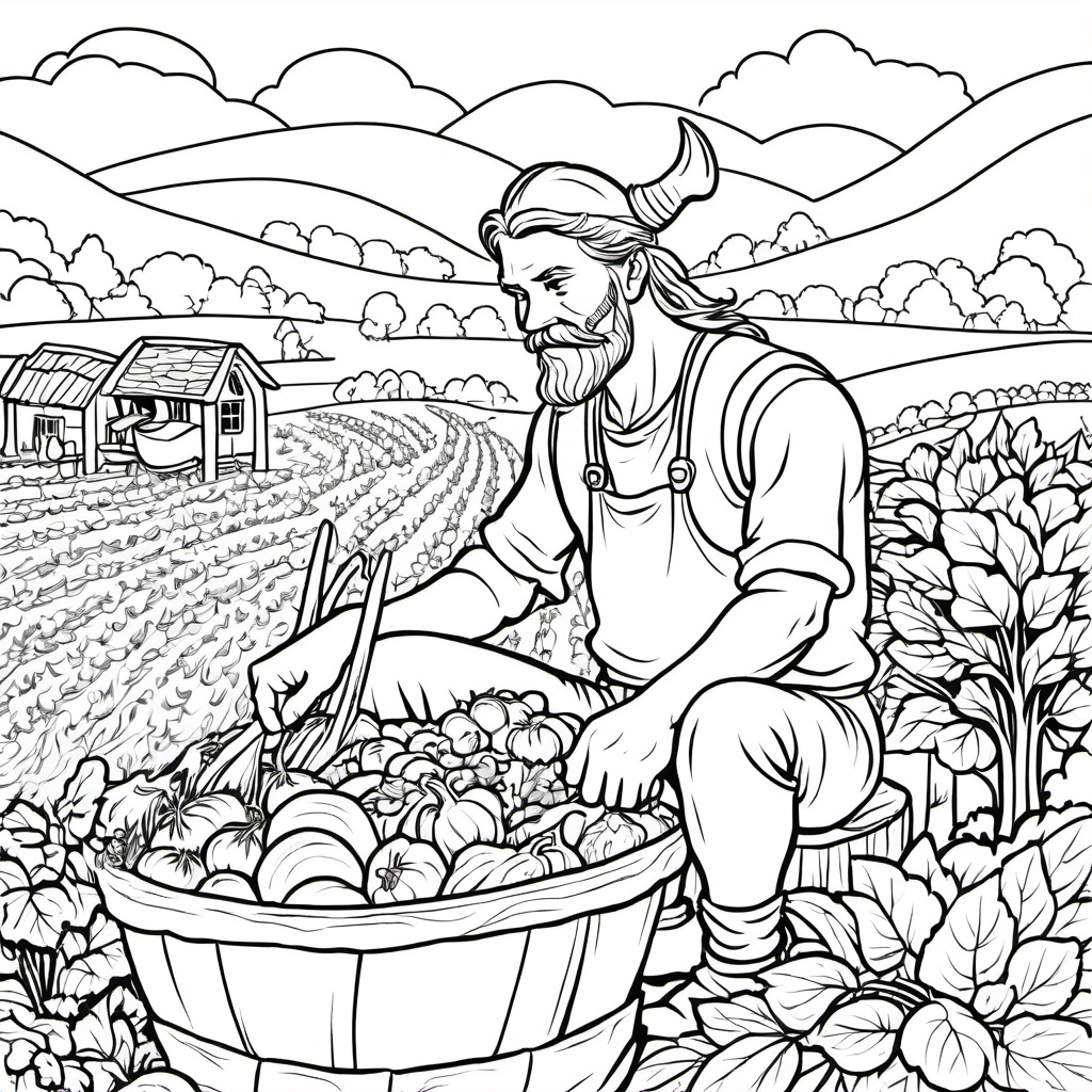 B&W coloring book page,viking farmer working on farm...