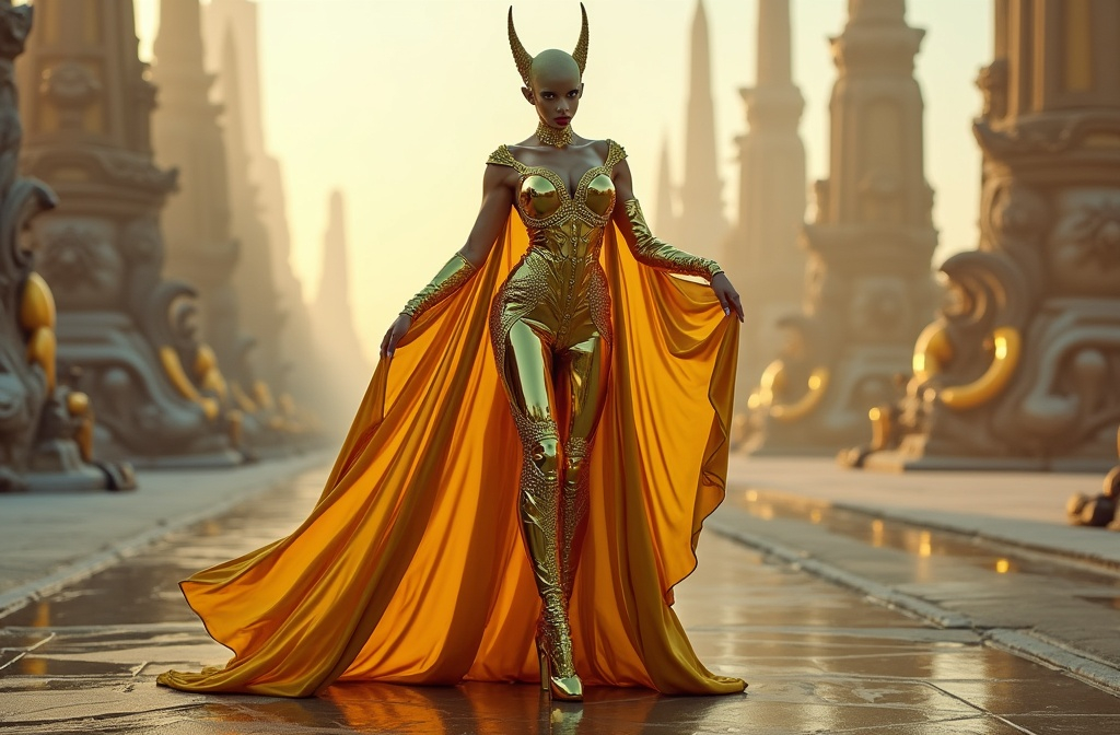 Gorgeous alien drag queen wearing golden robes and 8...