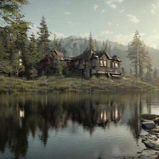 Photo realism, nice House close to a lake and mounta... | OpenArt
