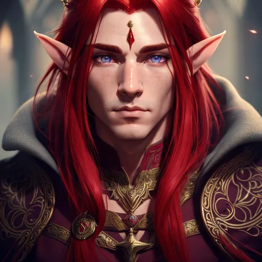 strong and stoic male elf, man elf, red hair, left e... | OpenArt