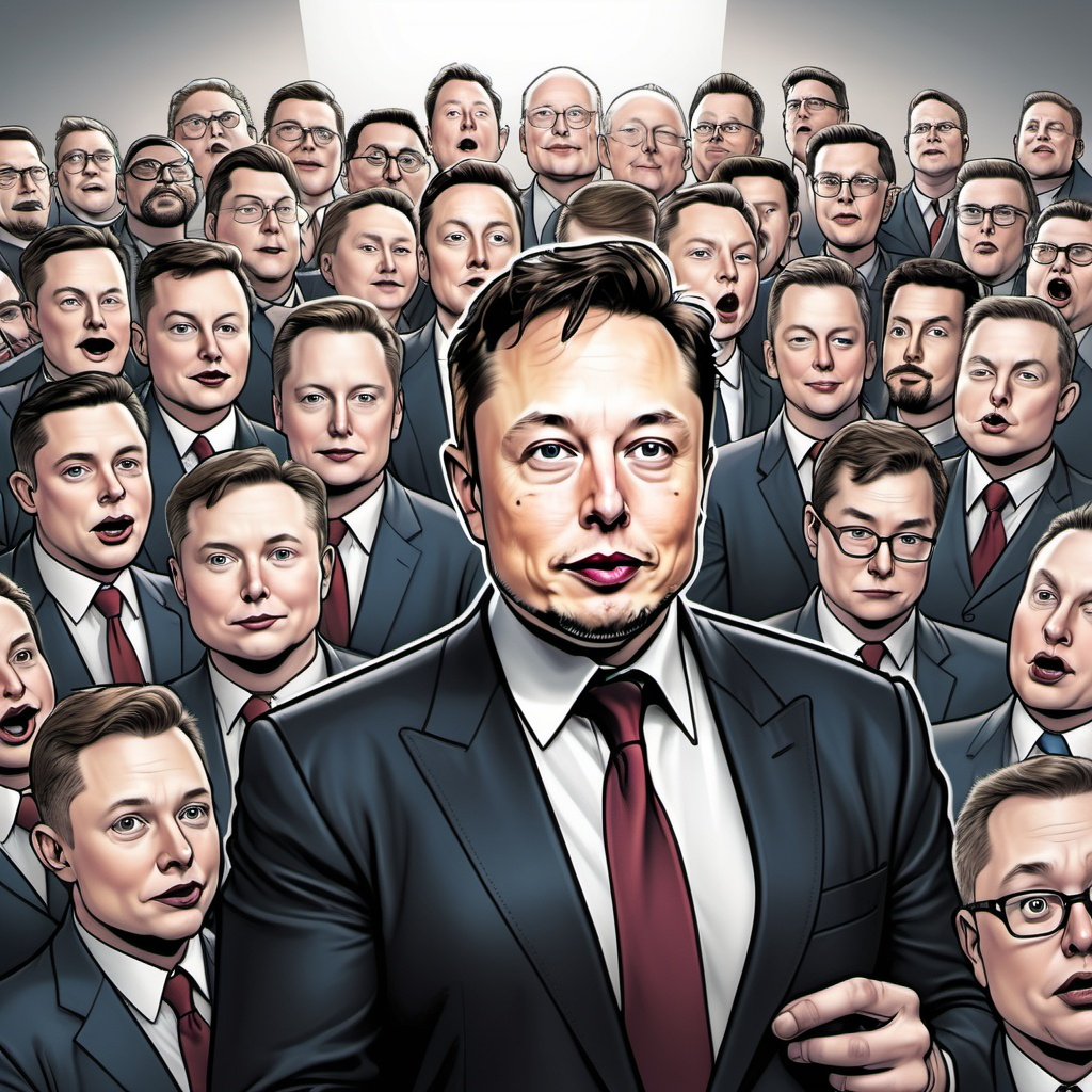 Create a satirical comic with Elon Musk being surrou...