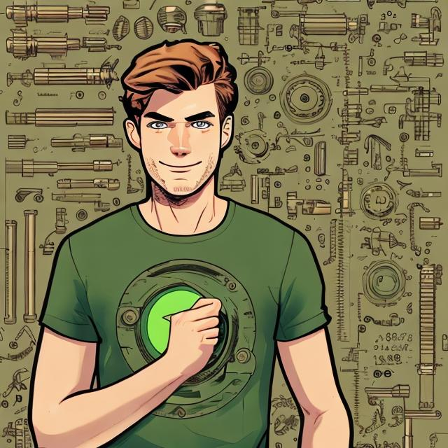 Comic book illustration, mechanical engineer, clever...