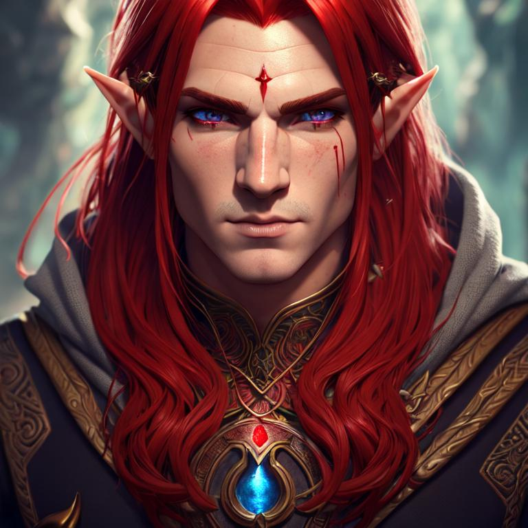 strong and stoic male elf, man elf, red hair, left e... | OpenArt