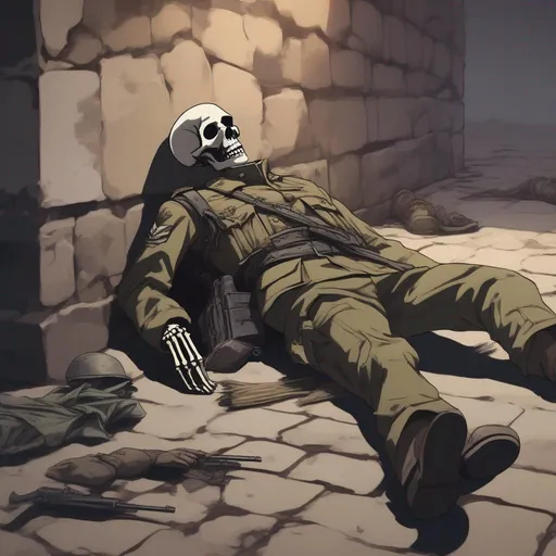 Dead skeletal WW2 soldier lying against a wall in an...