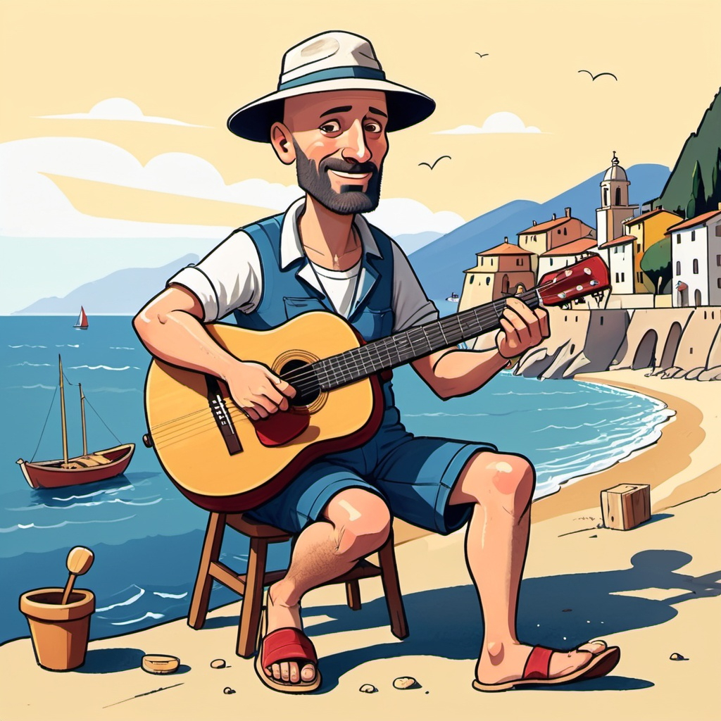 Italy by the sea, cartoon illustration, carpenter, 3...