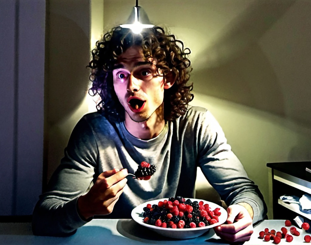 Young long curly hair Man caught eating berries at n...