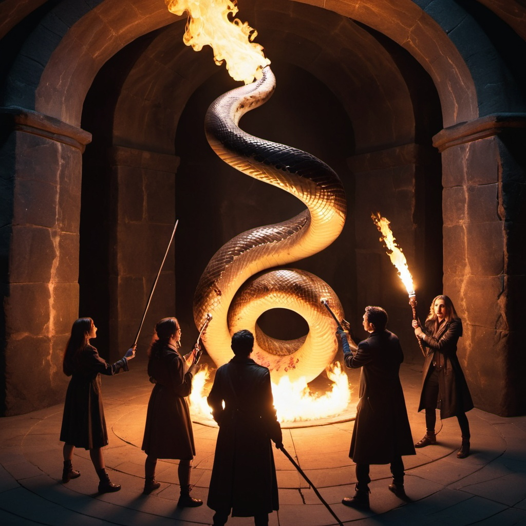 5 people with wands shoot curses at a huge snake in...
