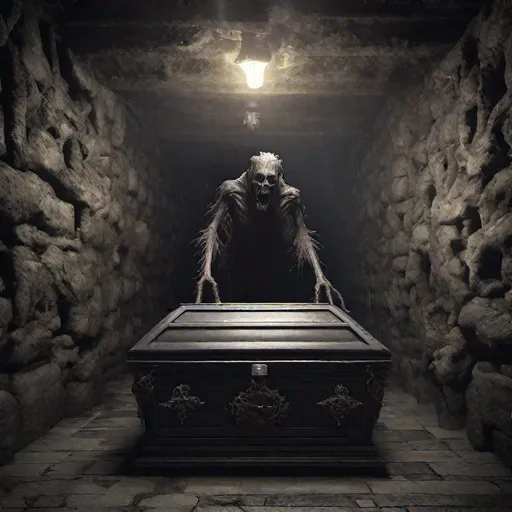 monster opens casket in a dark photo realistic scary... | OpenArt