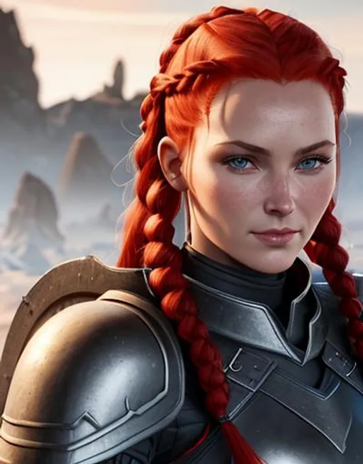 Digital art, woman viking, red hair, cornrow braids,...