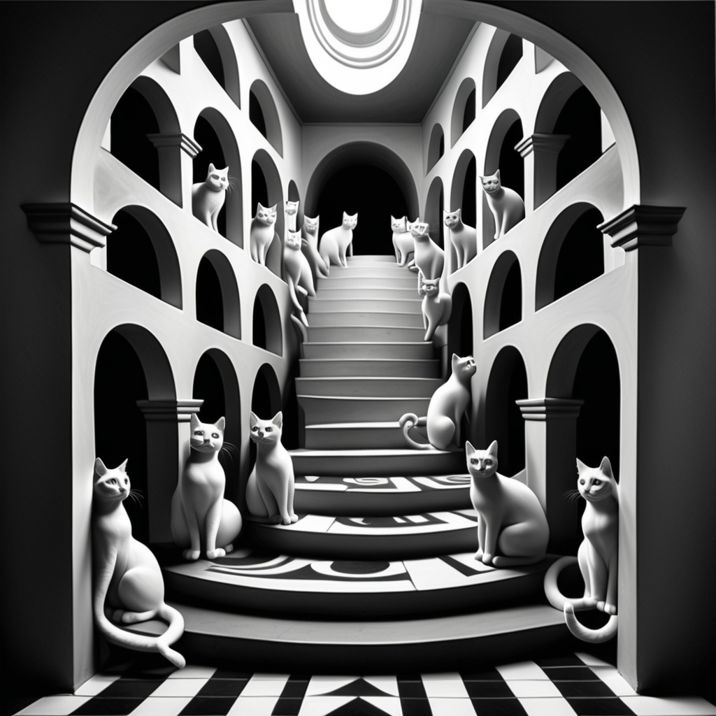 Escher style stairs with infinite cats going up and...