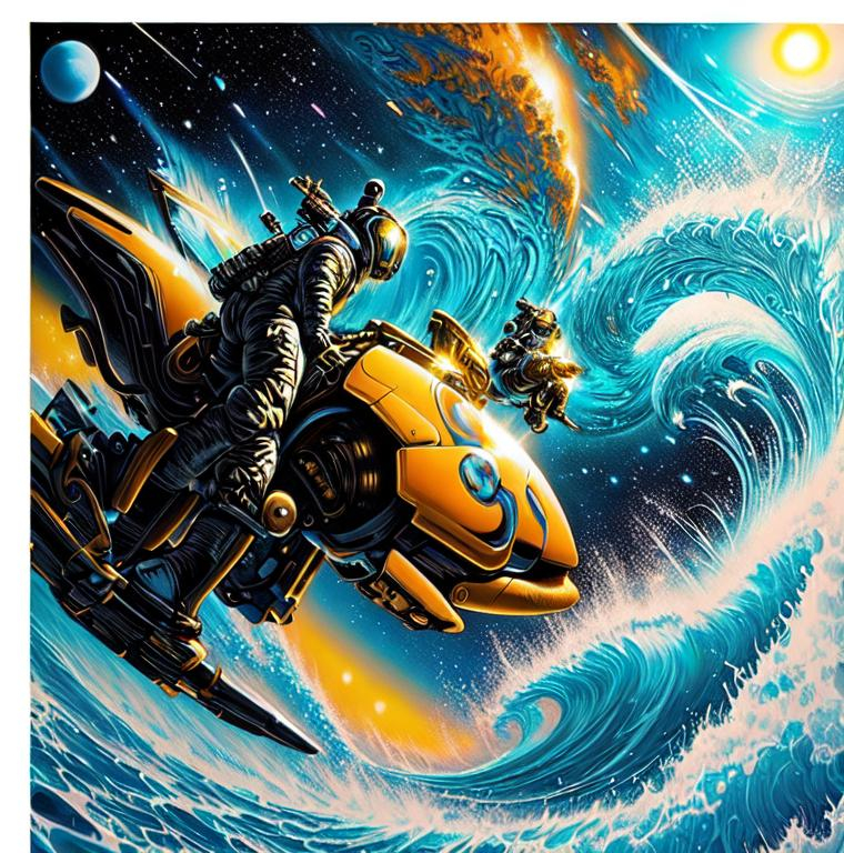 An astronaut surfing on a wave on a surfboard, in sp... | OpenArt