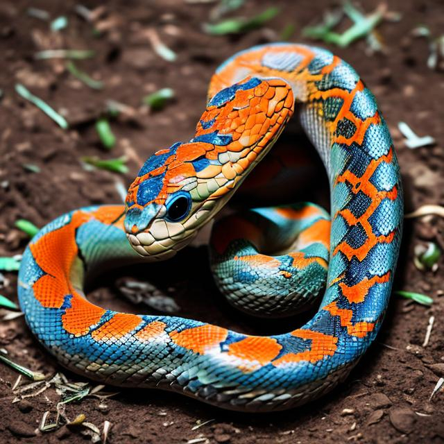 Orange and blue snake eating its tail on a black bac...