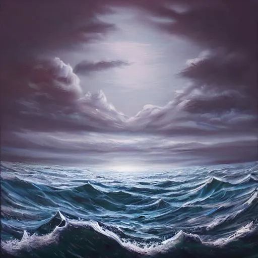 Painting of storm on the ocean, huge waves, dark, in...
