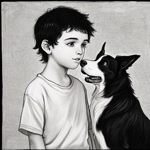 Young boy with dog border collie , Ink drawing, bibl...