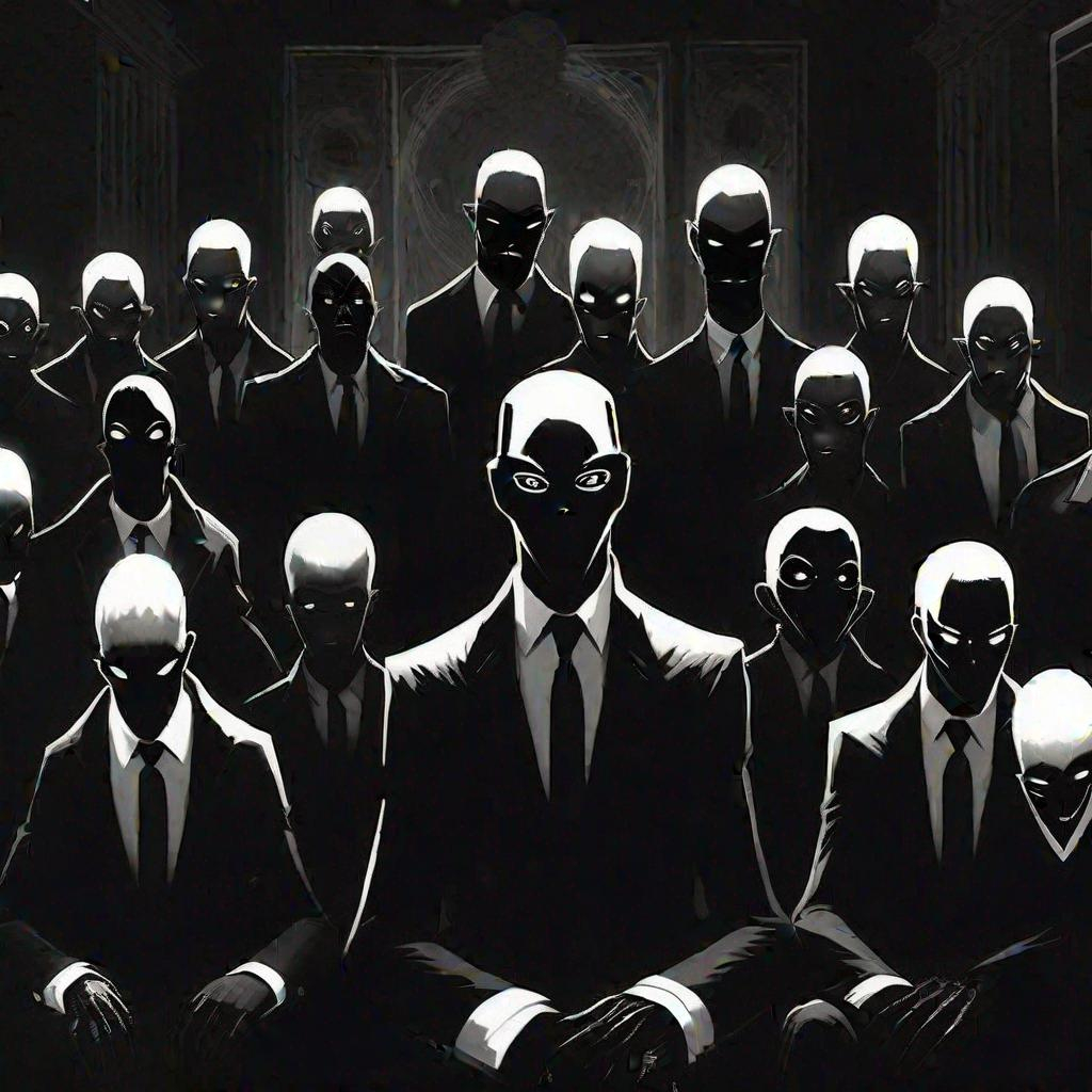 13 shady humanoid black figures in a secret council,...