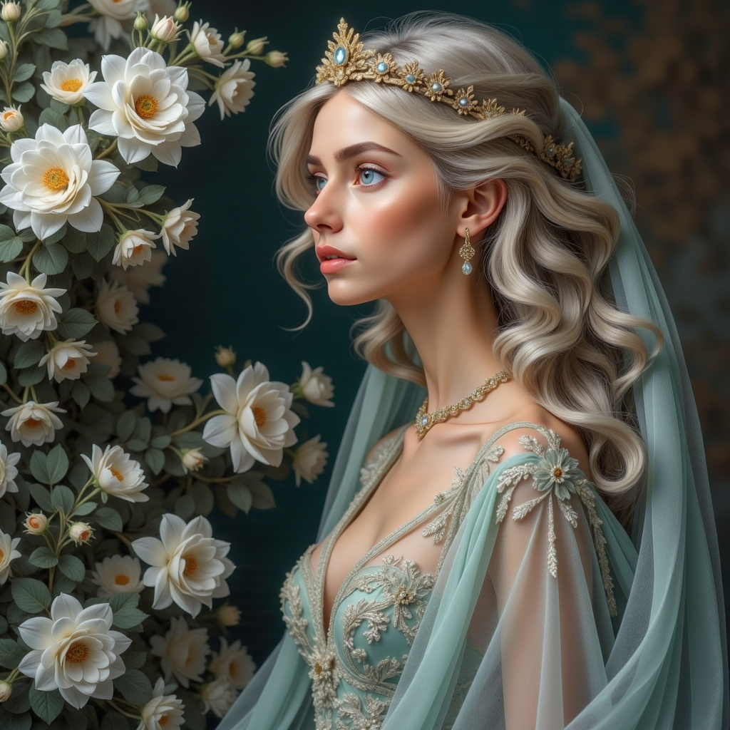 Bathed in soft, ethereal light, a striking figure em...