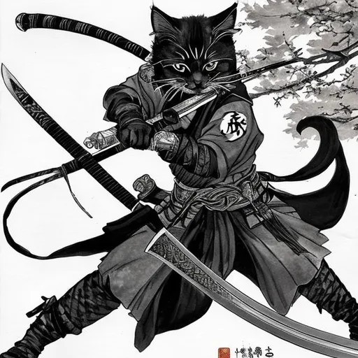 Cat holding one katana, japanese style, manga art, b... | OpenArt