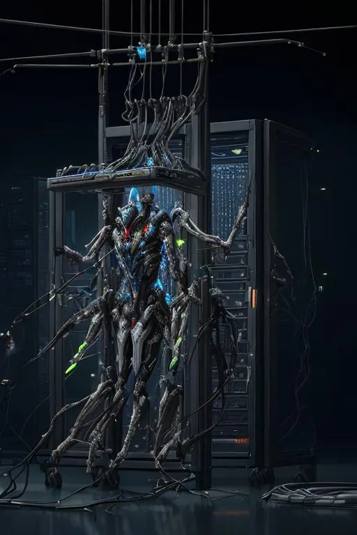 a warframe forcibly hooked up to a server mainframe...