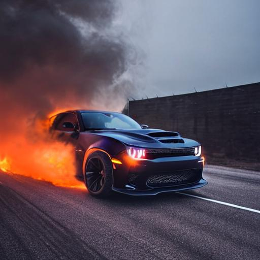 Dodge hellcat in smoke in dark lighting