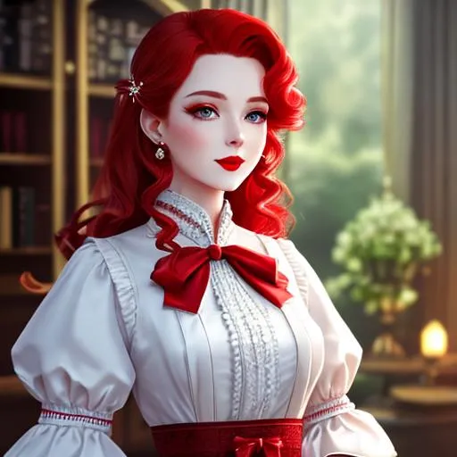 A demure servant woman who is dressed in conservativ...