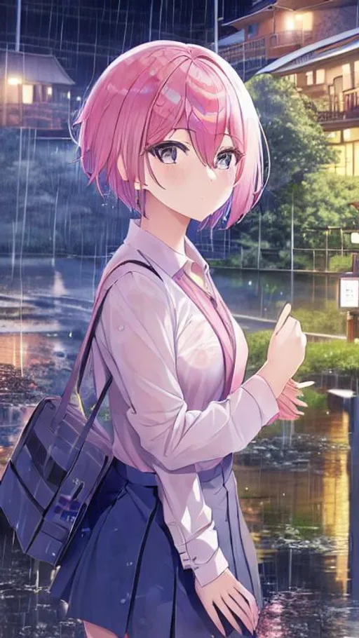 Girl with pink hair , night, anime, city, train, lan... | OpenArt