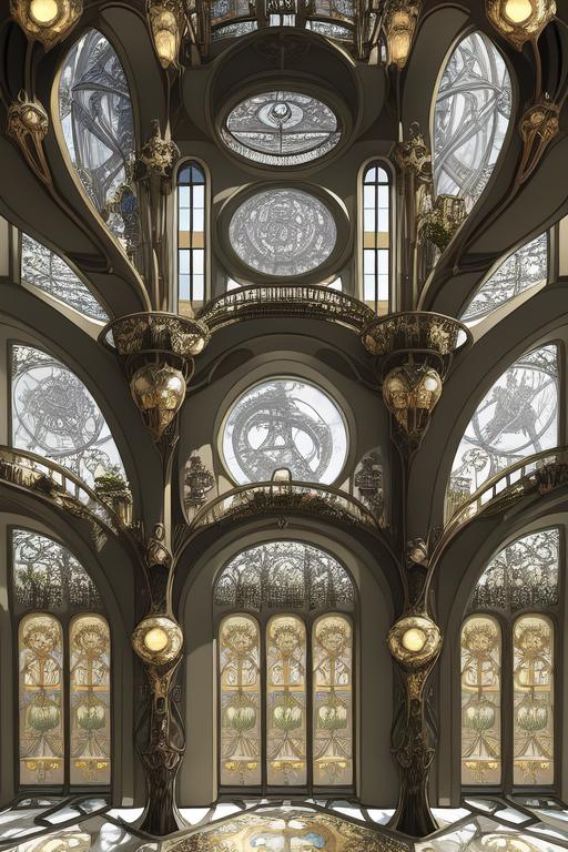 Elegant dieselpunk garden interior with Art Nouveau... | OpenArt