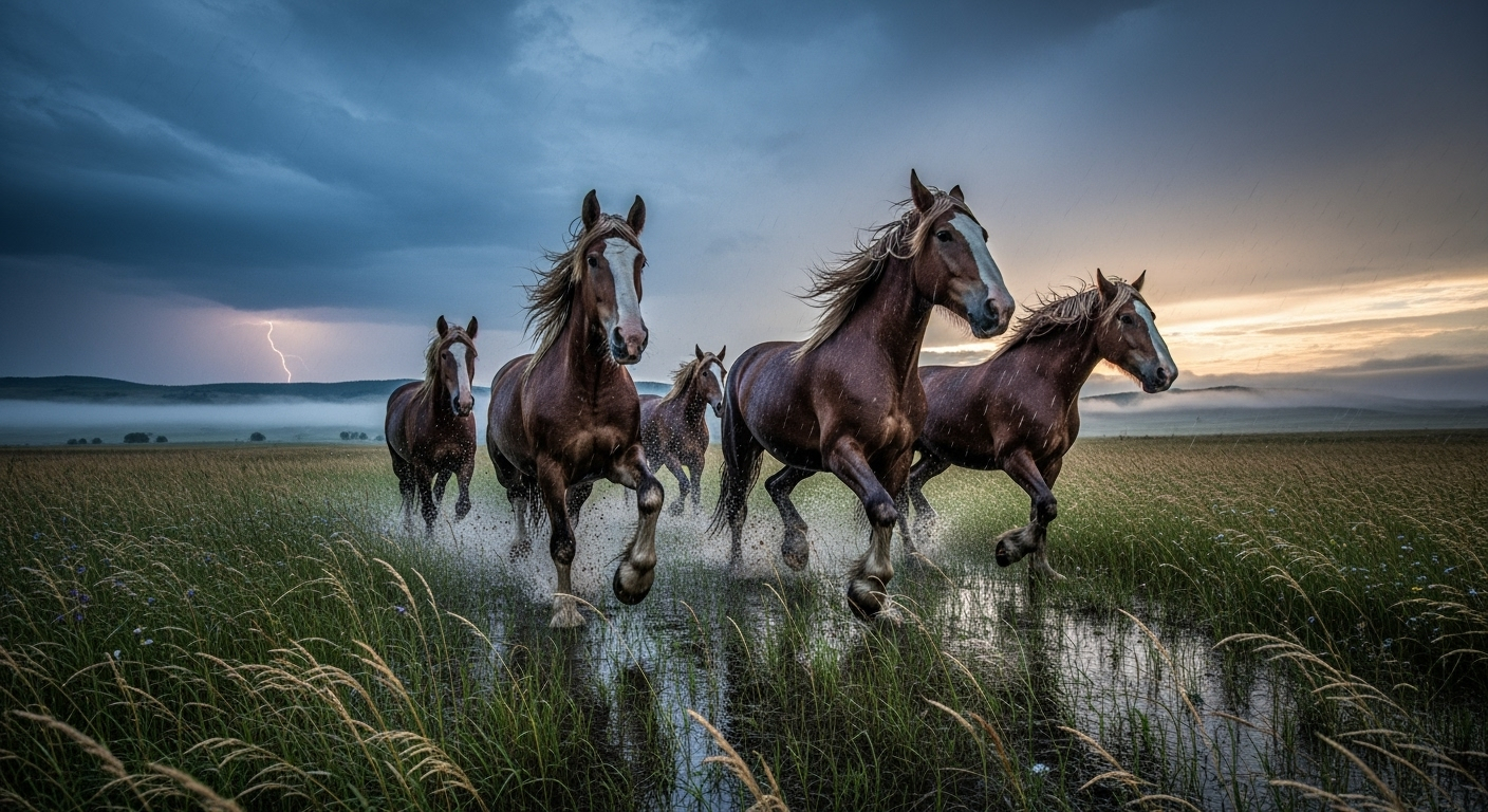 Shire horses running in rainy prairie at dusk