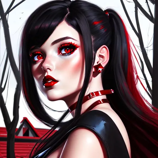 a potrait of girl with beautiful face, red eyes, red...