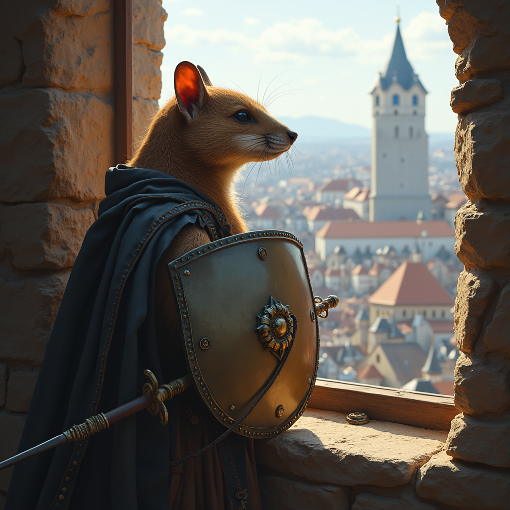 A just and noble Anthromorphised Weasel, equipped wi...