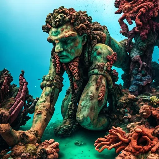 giant broken roman statues overgrown by colorful cor...